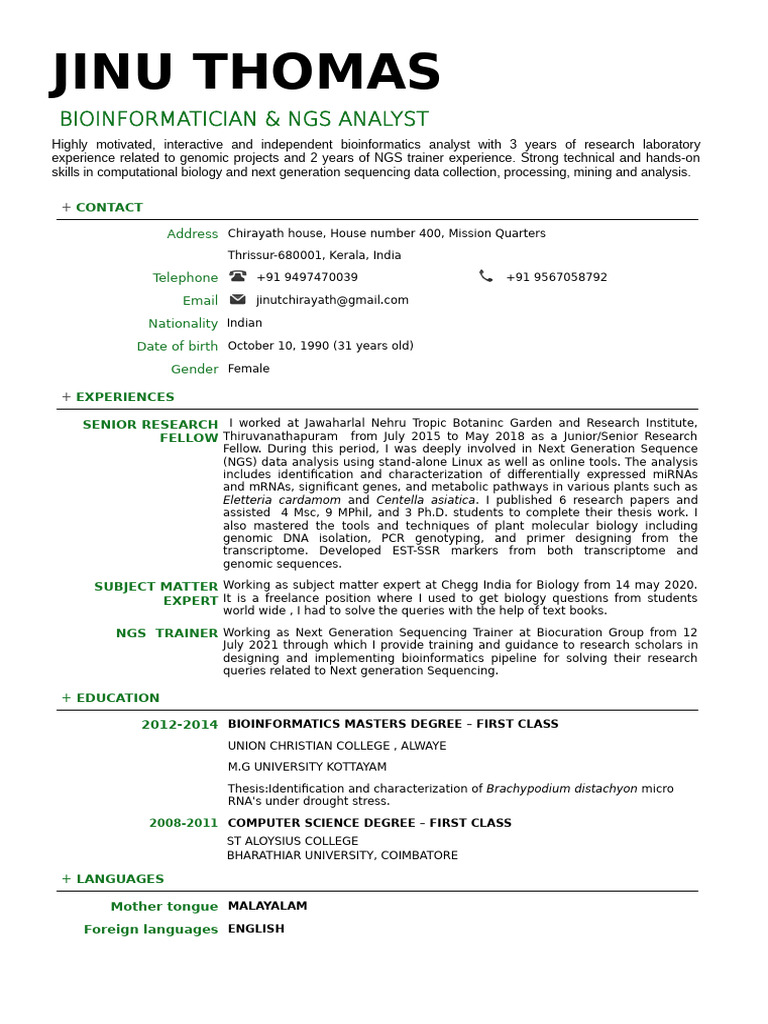 Jinu Resume | PDF | Bioinformatics | Dna Sequencing