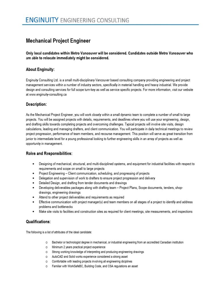 Project Mechanical Engineer Job Description | PDF | Engineer | Business