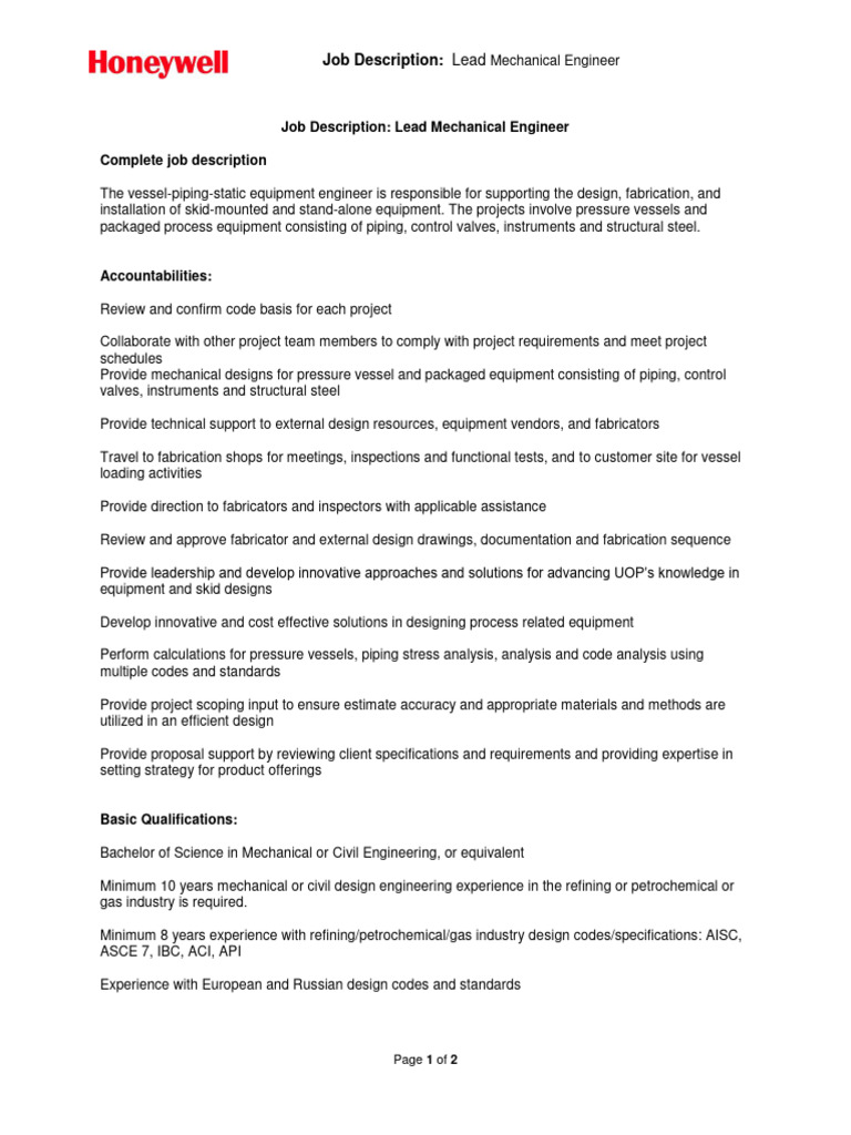 Lead Mechanical Engineer Job Description | PDF | Mechanical Engineering | Engineer