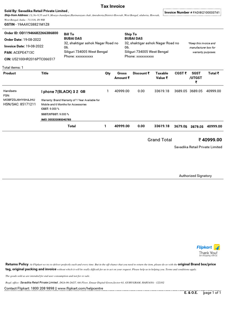 I Phone 7 Invoice Flipkart | PDF | Taxes