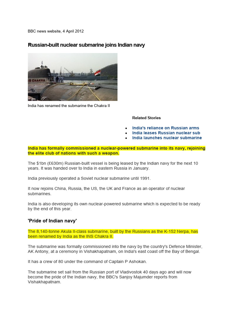 Russian-Built Nuclear Submarine Joins Indian Navy | PDF | Navies | Military