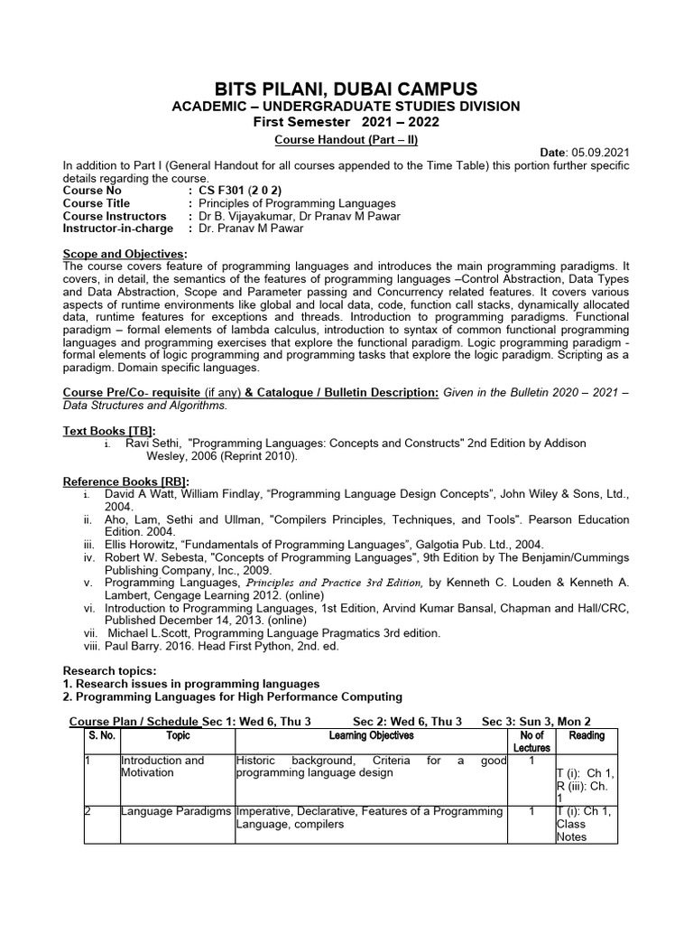 CS F301 Principles of Programming Languages I Sem 2021-22 HO | PDF ... CS F301 Principles of Programming Languages I Sem 2021-22 HO | PDF ...