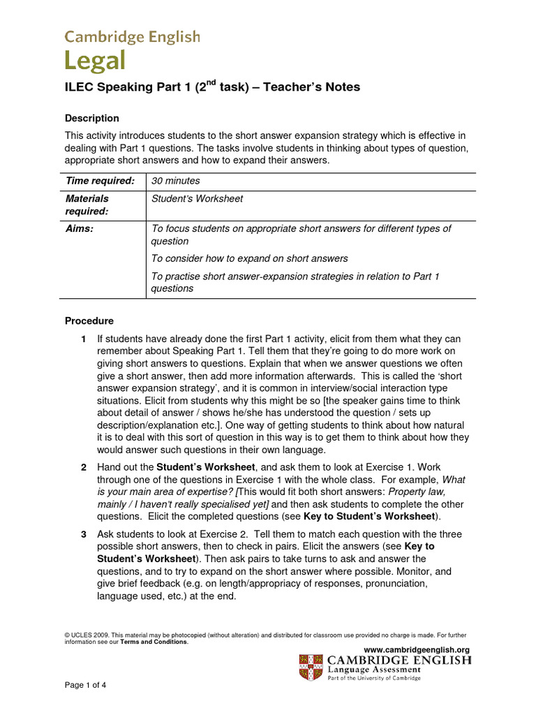 Cambridge English Legal Ilec Speaking Part 1 2nd Task | PDF | Worksheet | Question