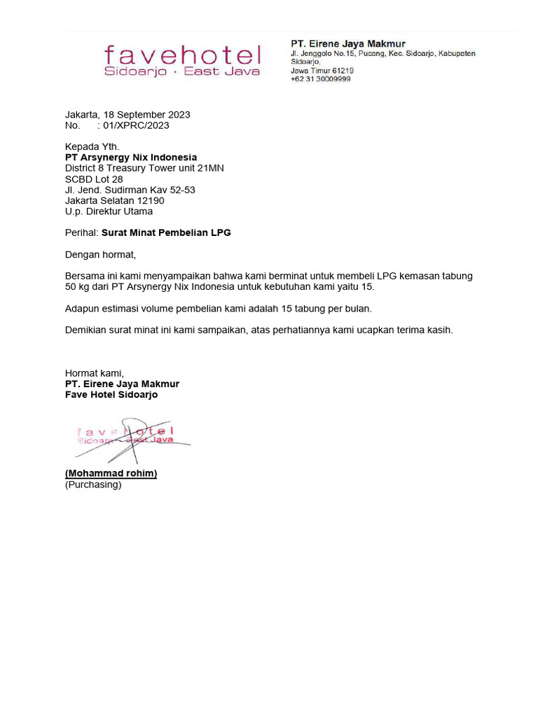 Surat Minat Pembelian LPG - PT. Arsynergy Fave SDA | PDF