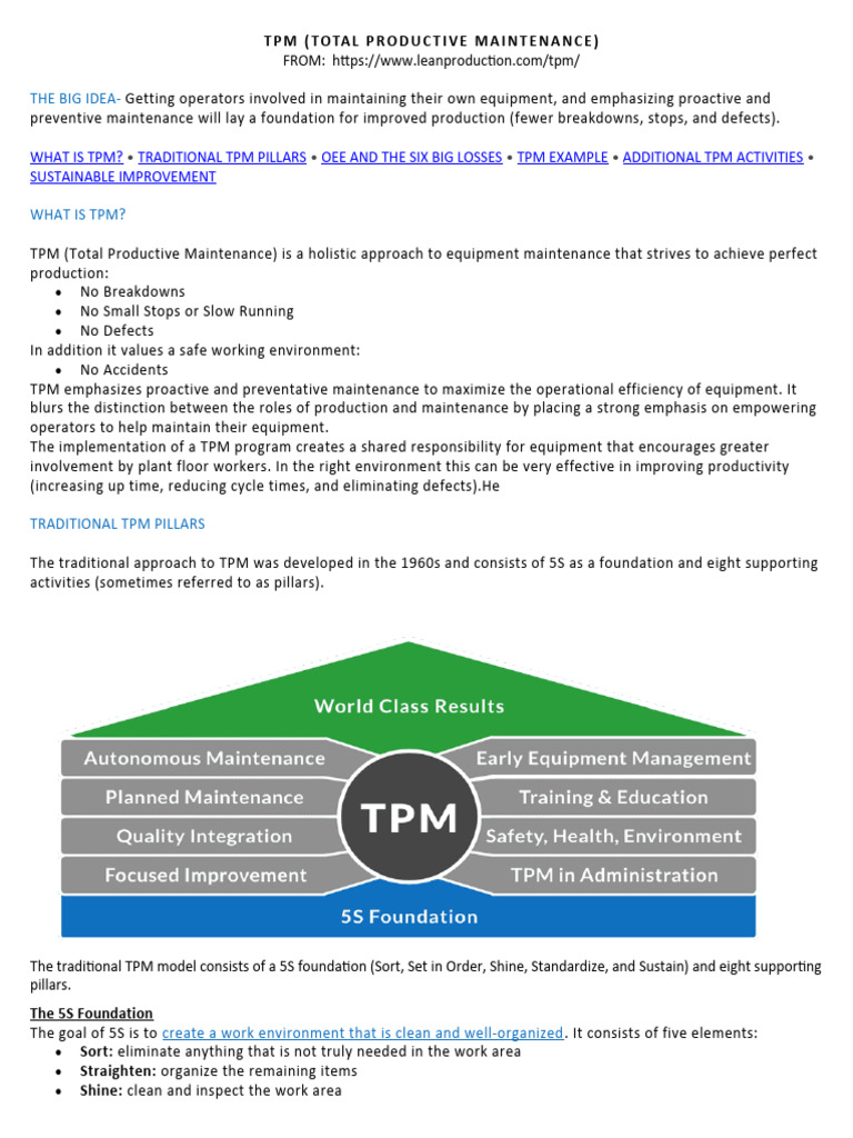 What Is TPM? Traditional TPM Pillars Oee and The Six Big Losses TPM ...
