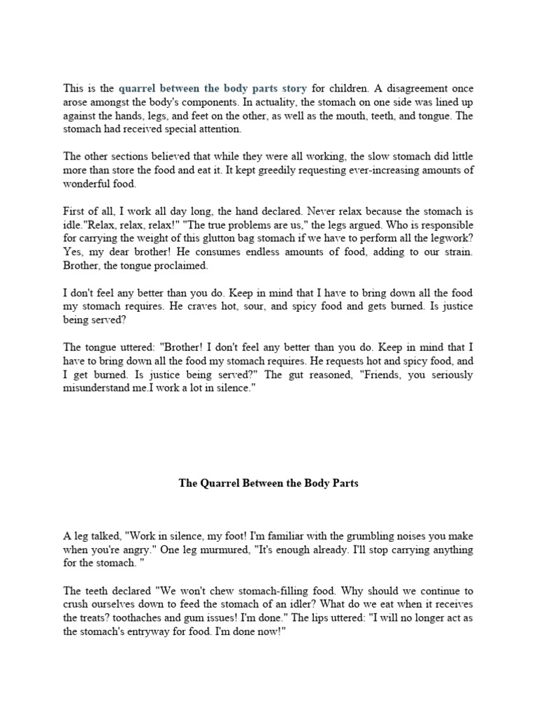 This Is The Quarrel Between The Body Parts Story For Children ...