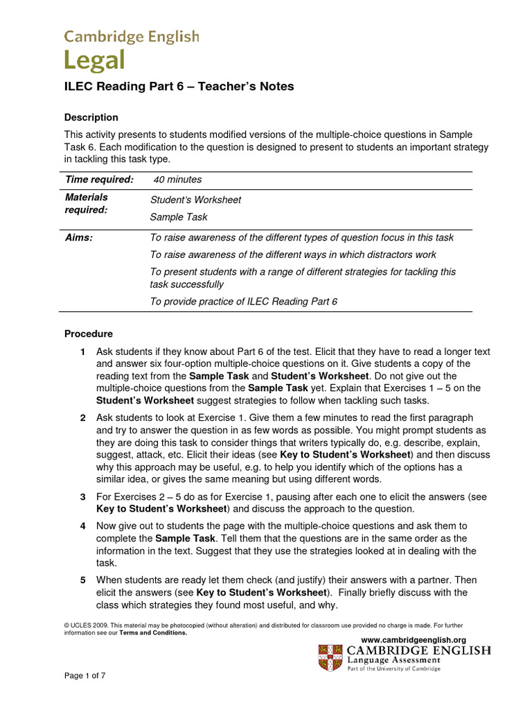 Cambridge English Legal Ilec Reading Part 6 | PDF | Multiple Choice | Question