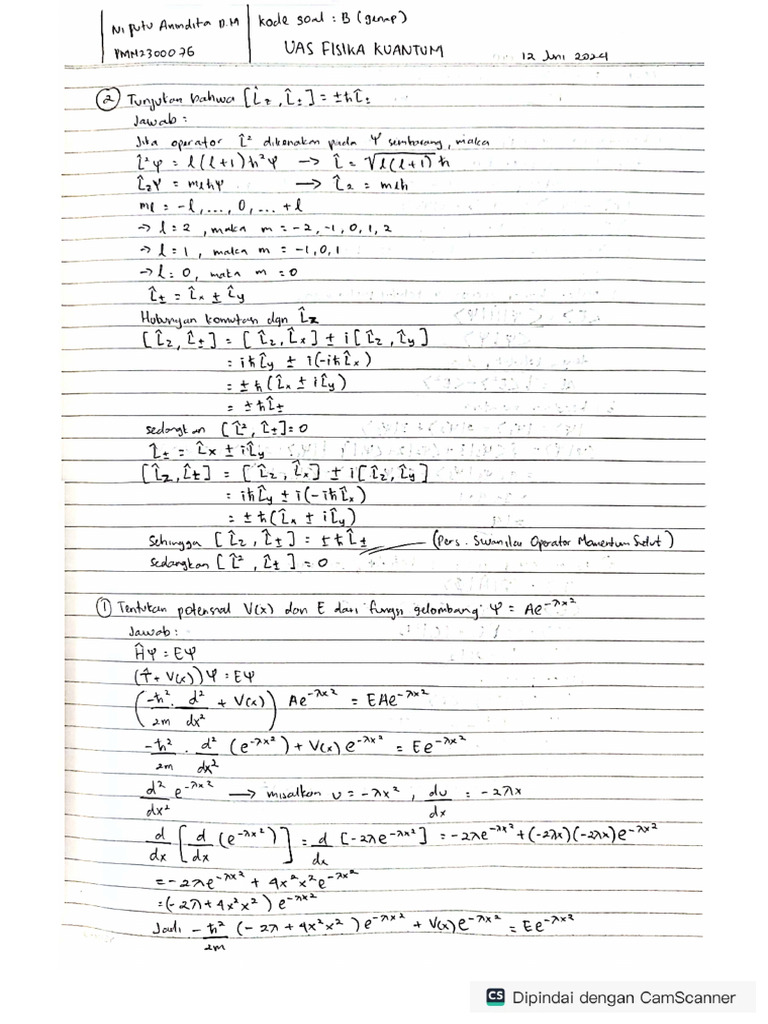 Uas Fis Kuantum - Ni Putu Anindita - Soal B - pmm2300076 | PDF
