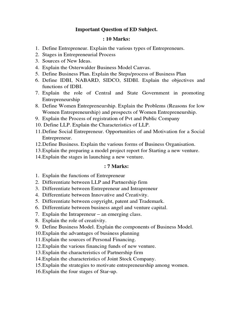 Important Question of ED Subject | PDF | Entrepreneurship | Business