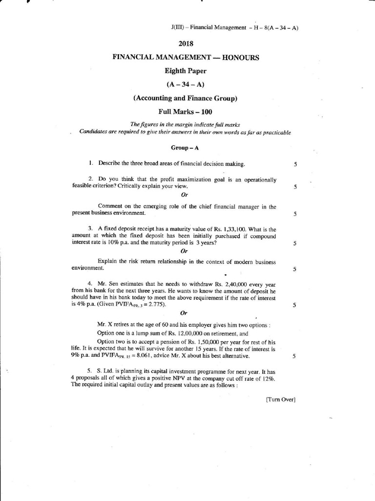 CU-2018 B. Com. Honours Financial Management Paper-VIII | PDF