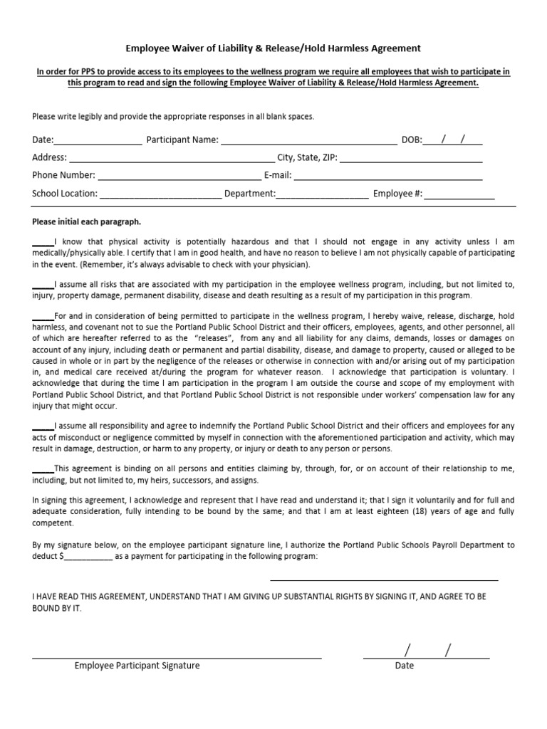 Employee Waiver of Liabiilty and Release-Hold Harmless Agreement | PDF ...