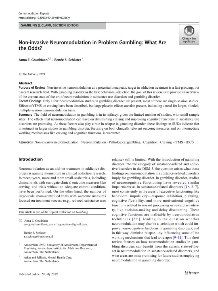 Non-Invasive Neuromodulation in Problem Gambling Goudriaan2019 | PDF | Dorsolateral Prefrontal ...