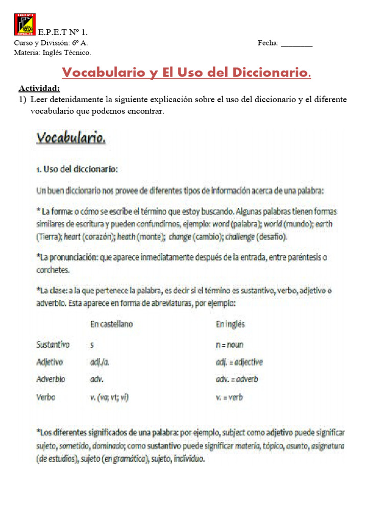 Vocabulario y Uso Del Diccionario. Teoría. | PDF | Diccionario | Verbo