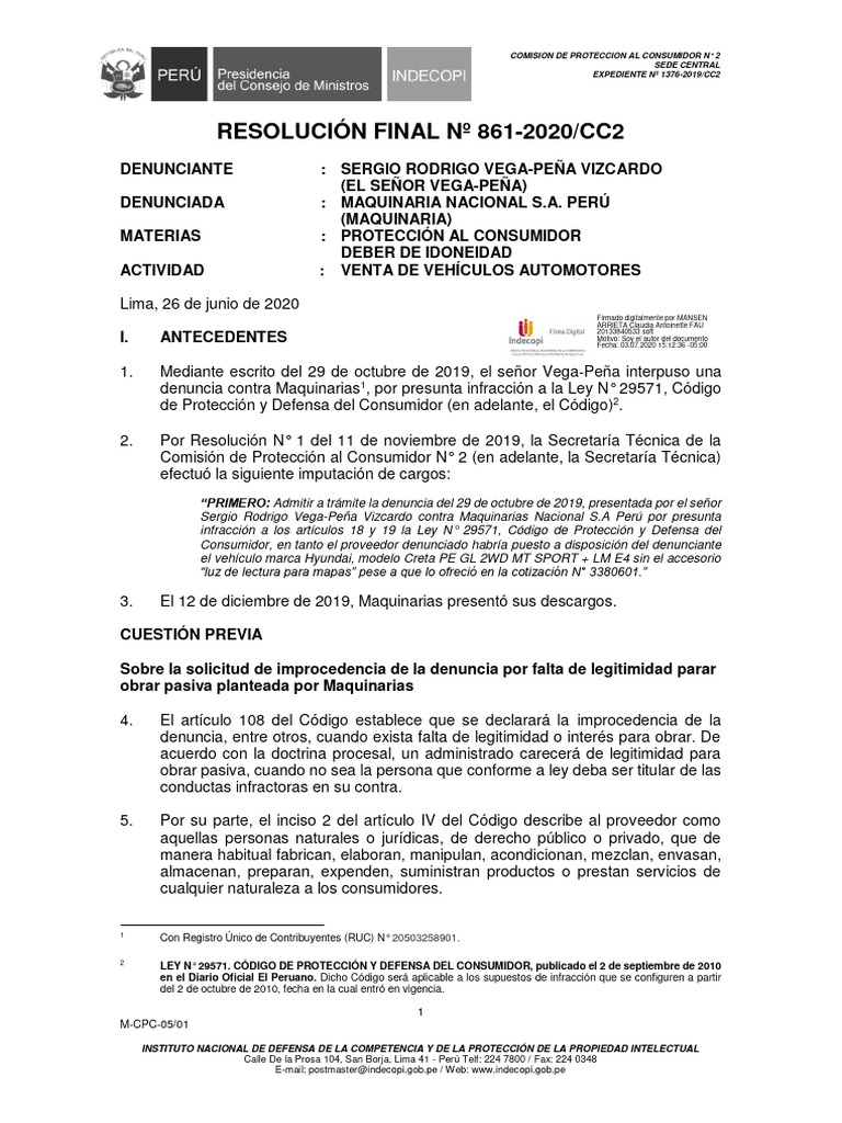 RESOLUCIÓN Final 861 - 2020-CC2 INDECOPI | PDF | Protección al ...