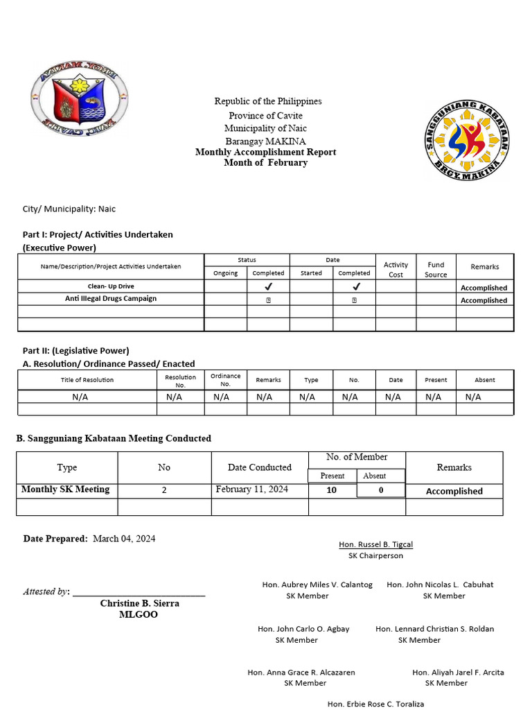 SK Monthly Accomplishment Report - Feb 2024 | PDF