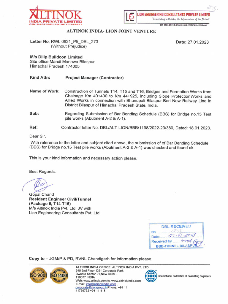 0273_Regarding Submission of Bar Bending Schedule (BBS) for Bridge no ...