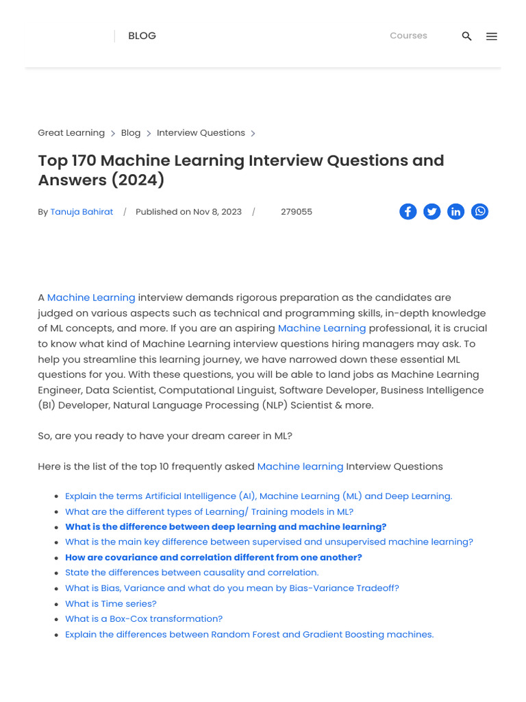 Top 170 Machine Learning Interview Questions 2024 - Great Learning ...