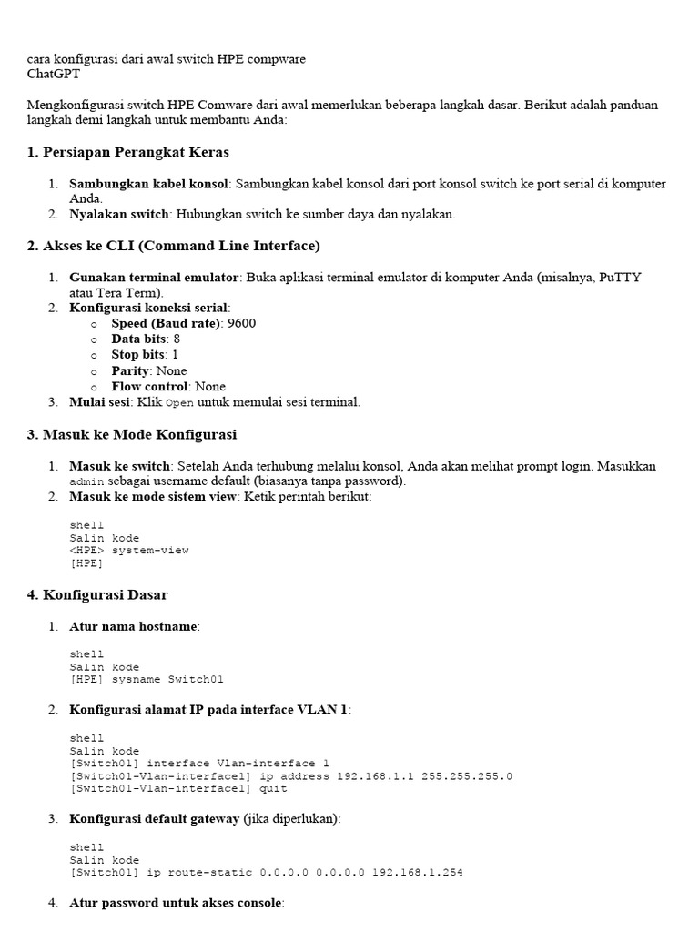Cara Konfigurasi Dari Awal Switch HPE Compware | PDF Cara Konfigurasi Dari Awal Switch HPE Compware | PDF