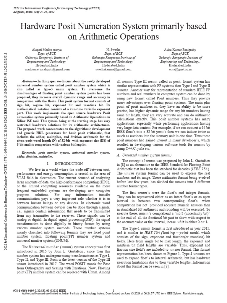 Hardware Posit Numeration System Primarily Based On Arithmetic Operations | PDF | Field ...