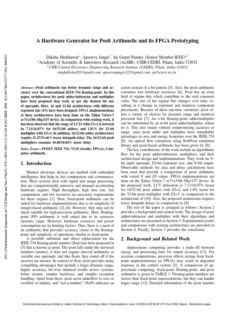 A Hardware Generator For Posit Arithmetic and Its FPGA Prototyping | PDF | Field Programmable ...