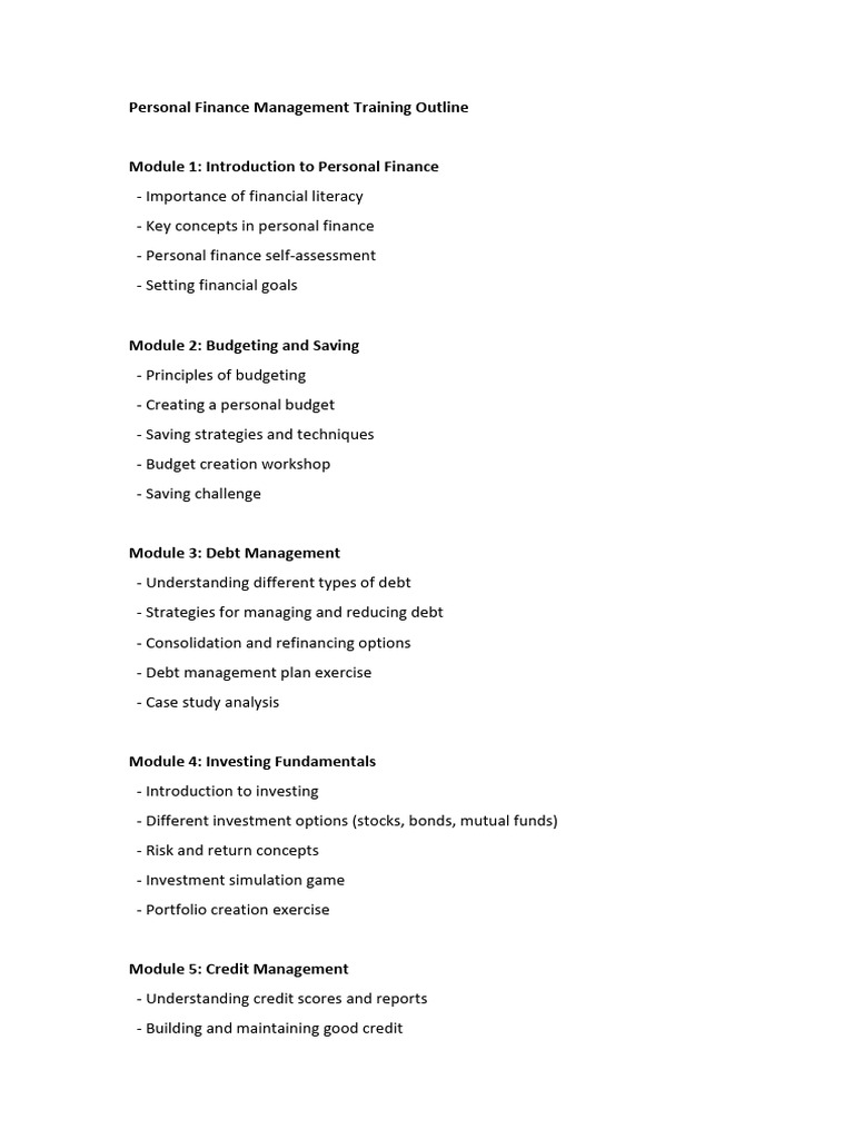 Personal Finance Management Training Outline | PDF | Finance & Money ...