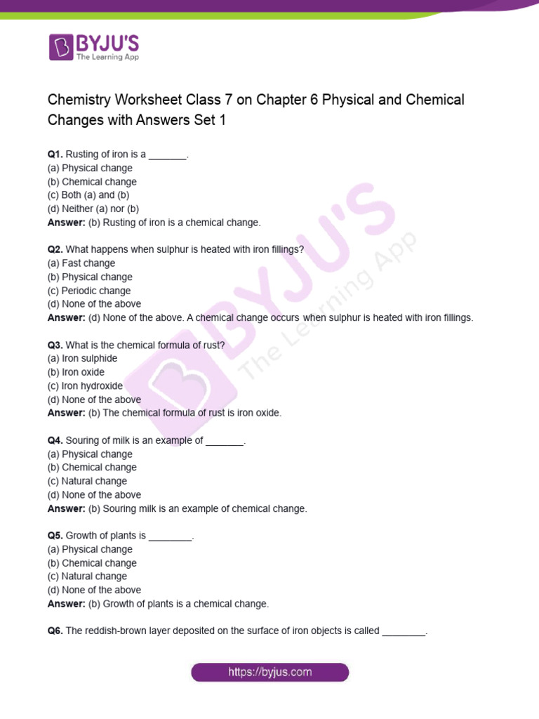 Chemistry Worksheet Class 7 on Chapter 6 Physical and Chemical Changes With Answers Set 1.Docx ...