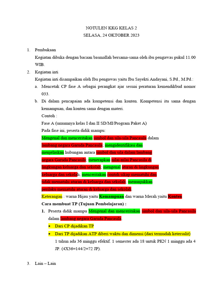 Notulen KKG Kelas 2 BLN Oktober & November 2023 | PDF | Karier & Perkembangan