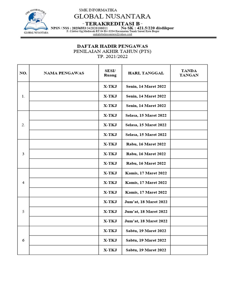 Daftar Hadir Pengawas Peserta Ujian SMK | PDF