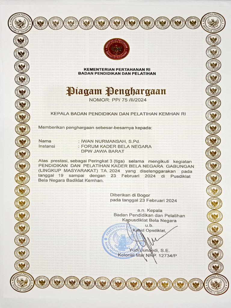 Piagam Penghargaan Diklat Bela Negara | PDF