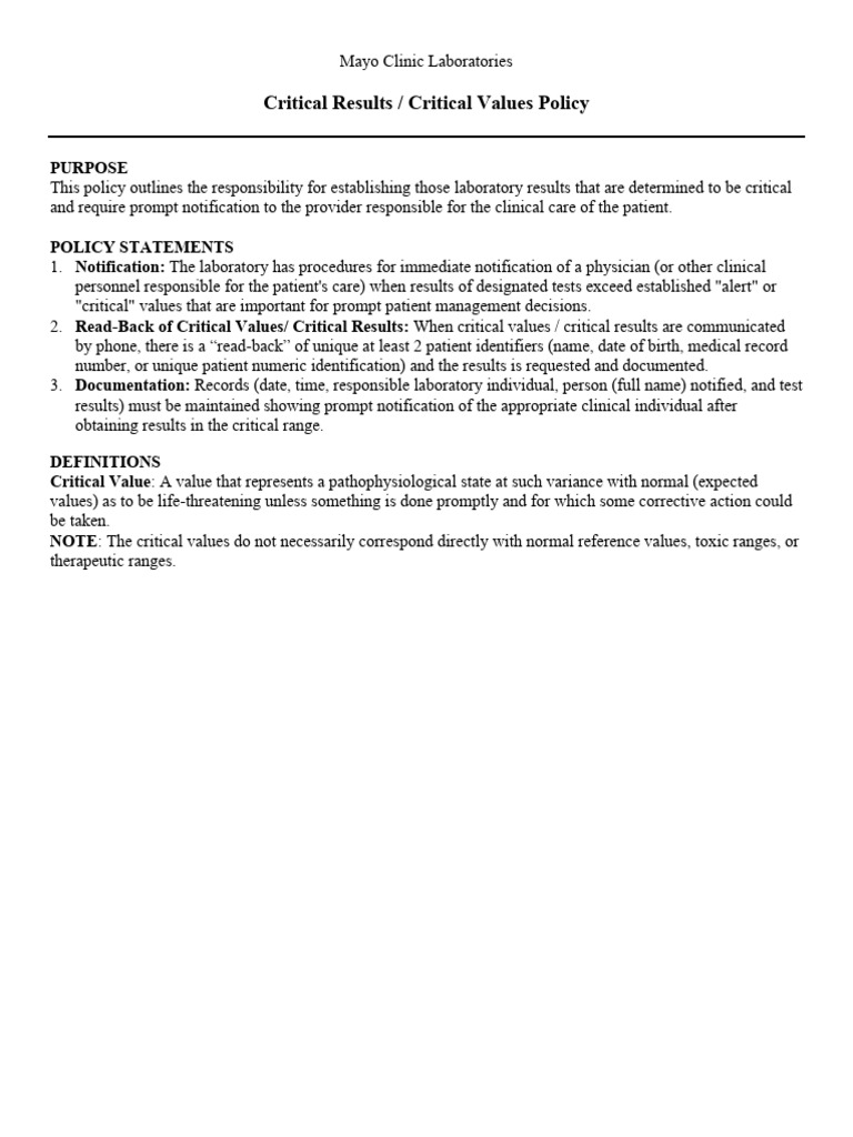 Critical Values - Critical Results Policy Summary | PDF