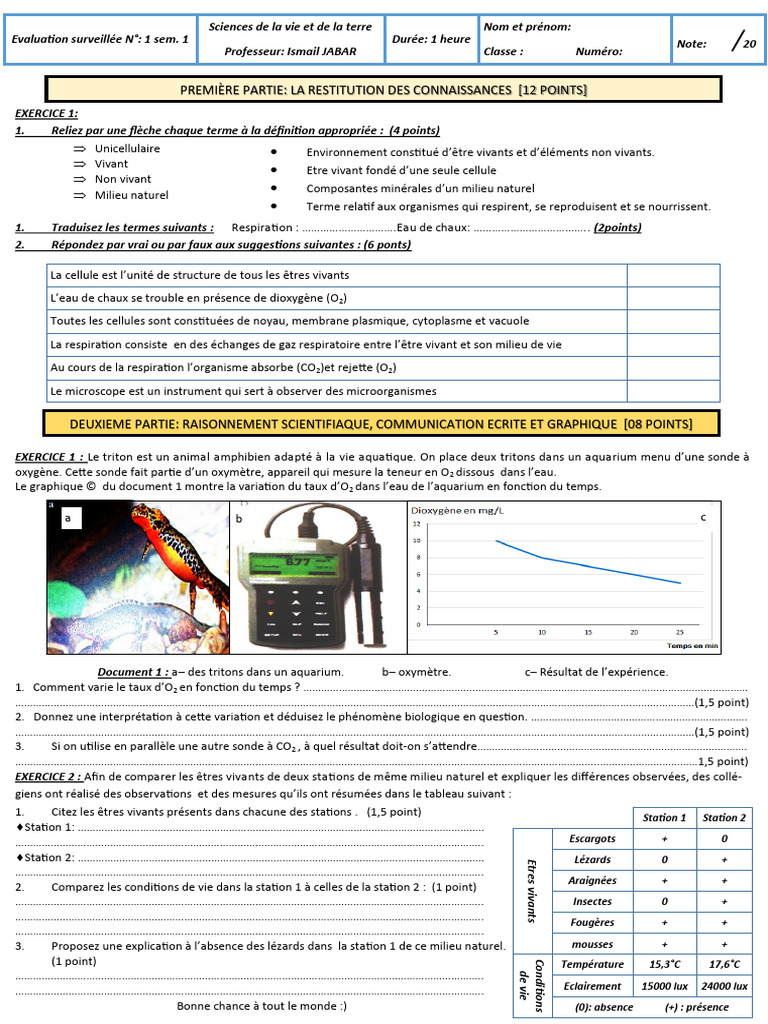 Contrôle SVT 1AC Semestre 1 avec Corr. | PDF | Cellule (Biologie ...
