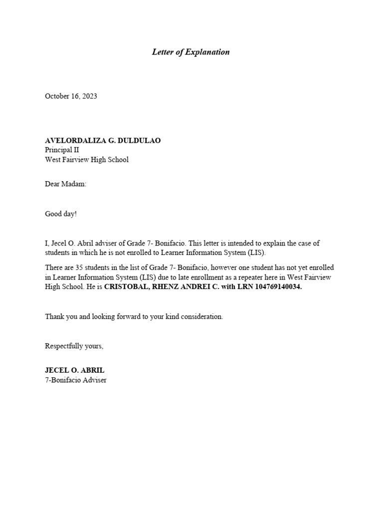 Letter of Explanation | PDF