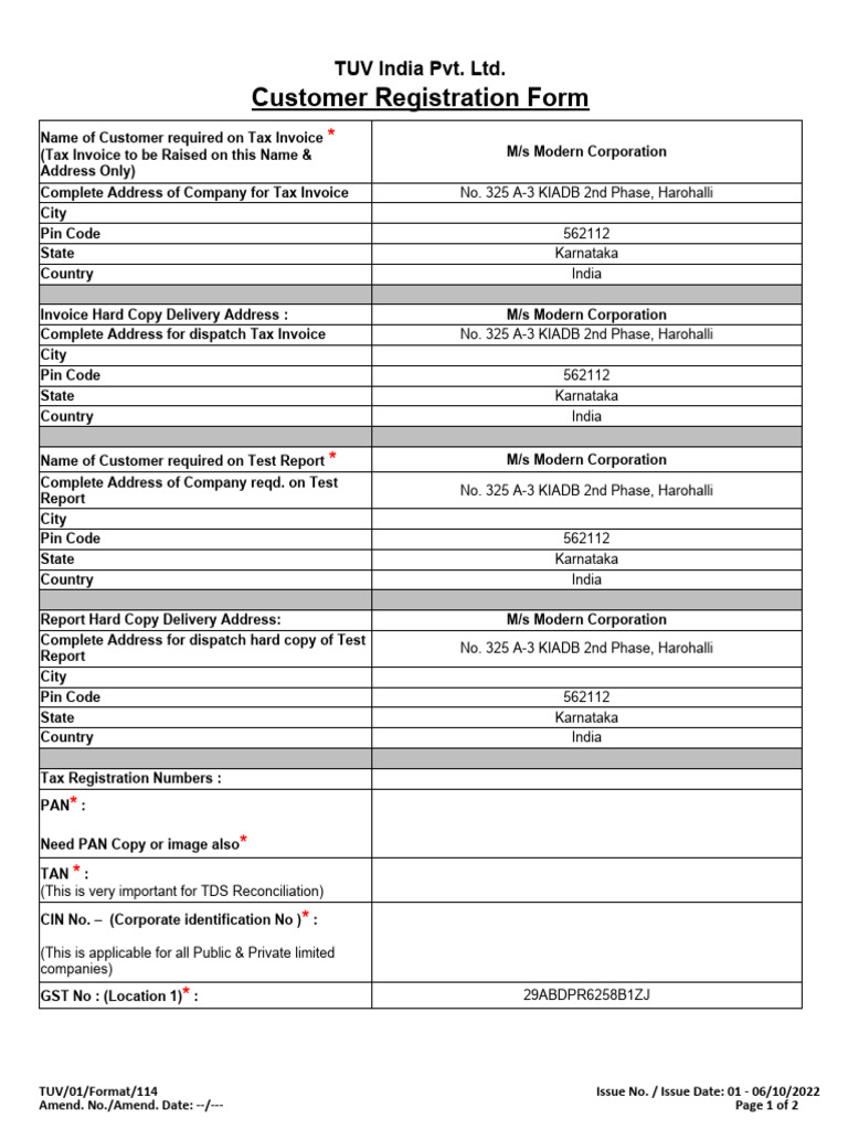 TUVB 01 FORMAT 91 Customer Registration Form | PDF