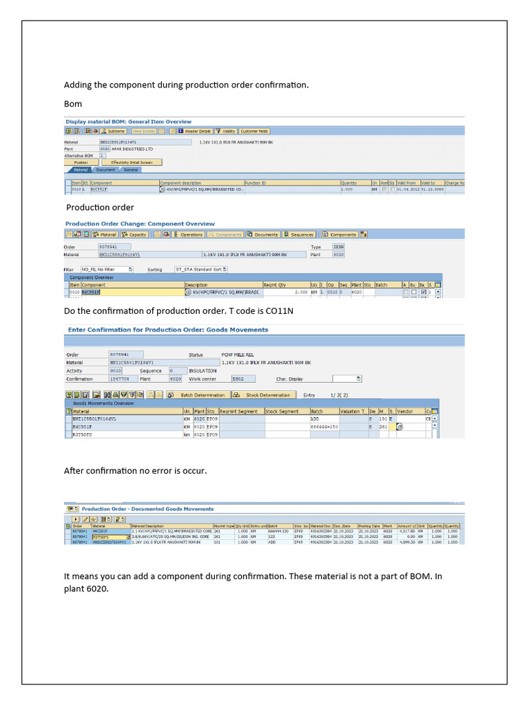 Adding The Component During Production Order Confirmation | PDF