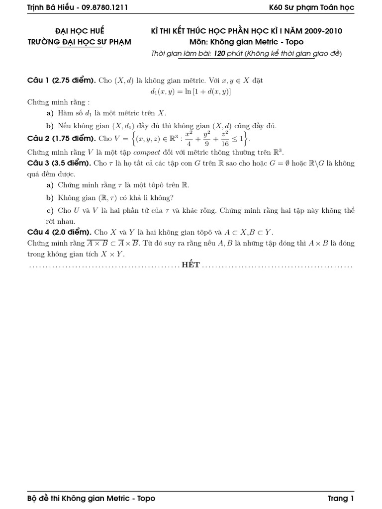 Bộ đề thi Metric Topo | PDF