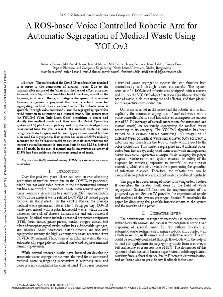 Voice-Controlled Robotic Arm for Medical Waste Segregation | PDF | Waste | Speech Recognition