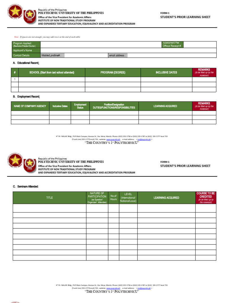 PUP OUS INE Students' Prior Learning Sheet Form 1 | Download Free PDF ...