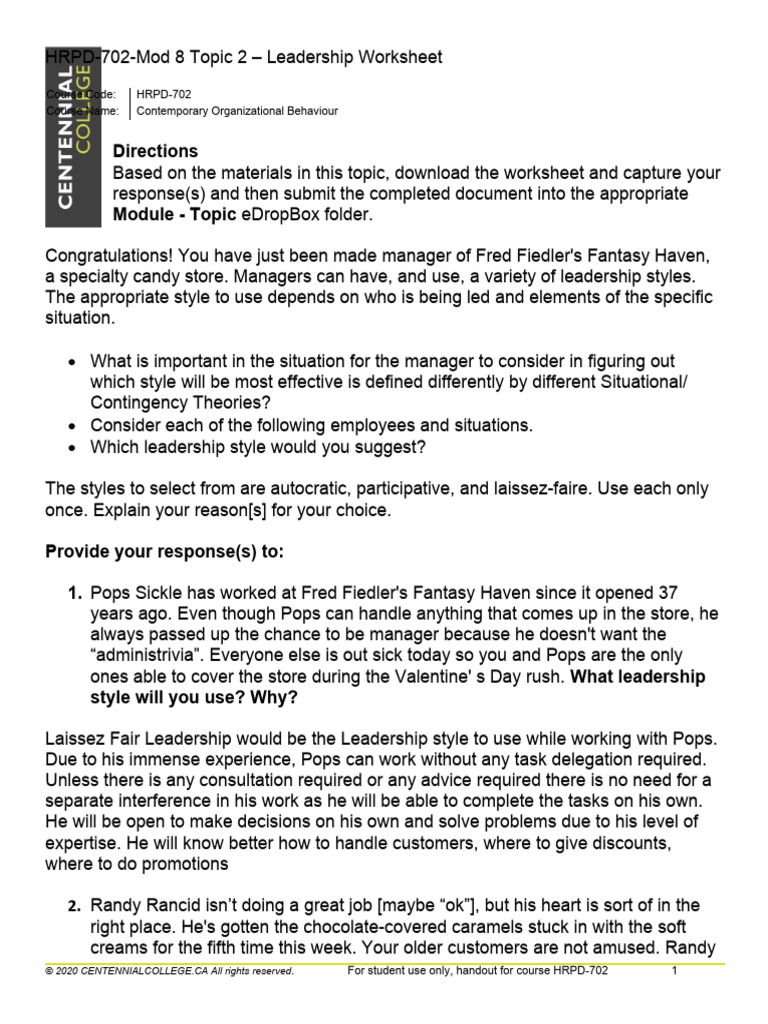 HRPD-702-Mod 8 Topic 2 - Leadership Worksheet | PDF | Leadership ...