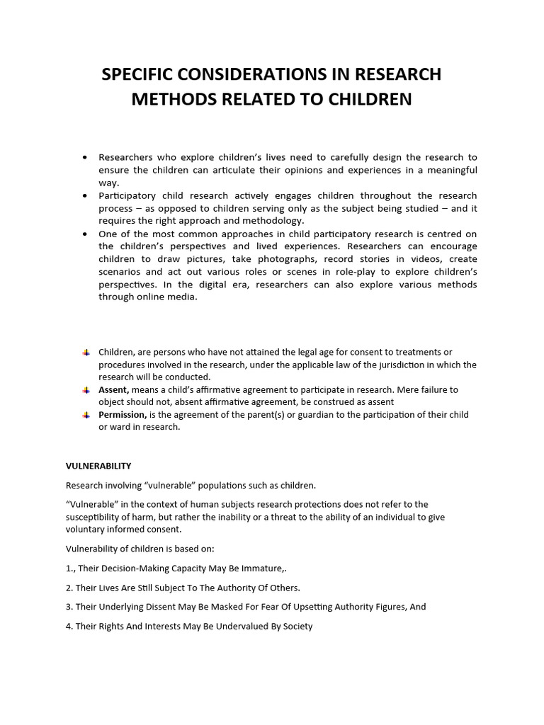 Specific Considerations in Research Methods Related To Children | PDF | Risk | Informed Consent