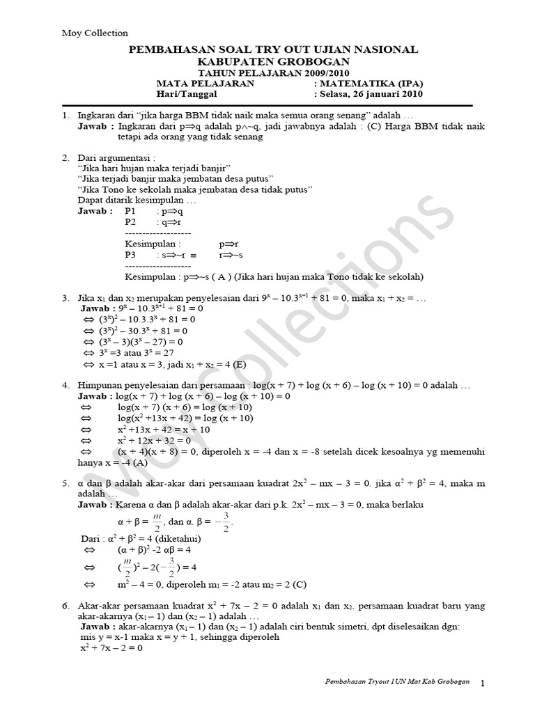 Pembahasan Tryout Mat Ipa 1 Kab Grobogan 09101 | PDF