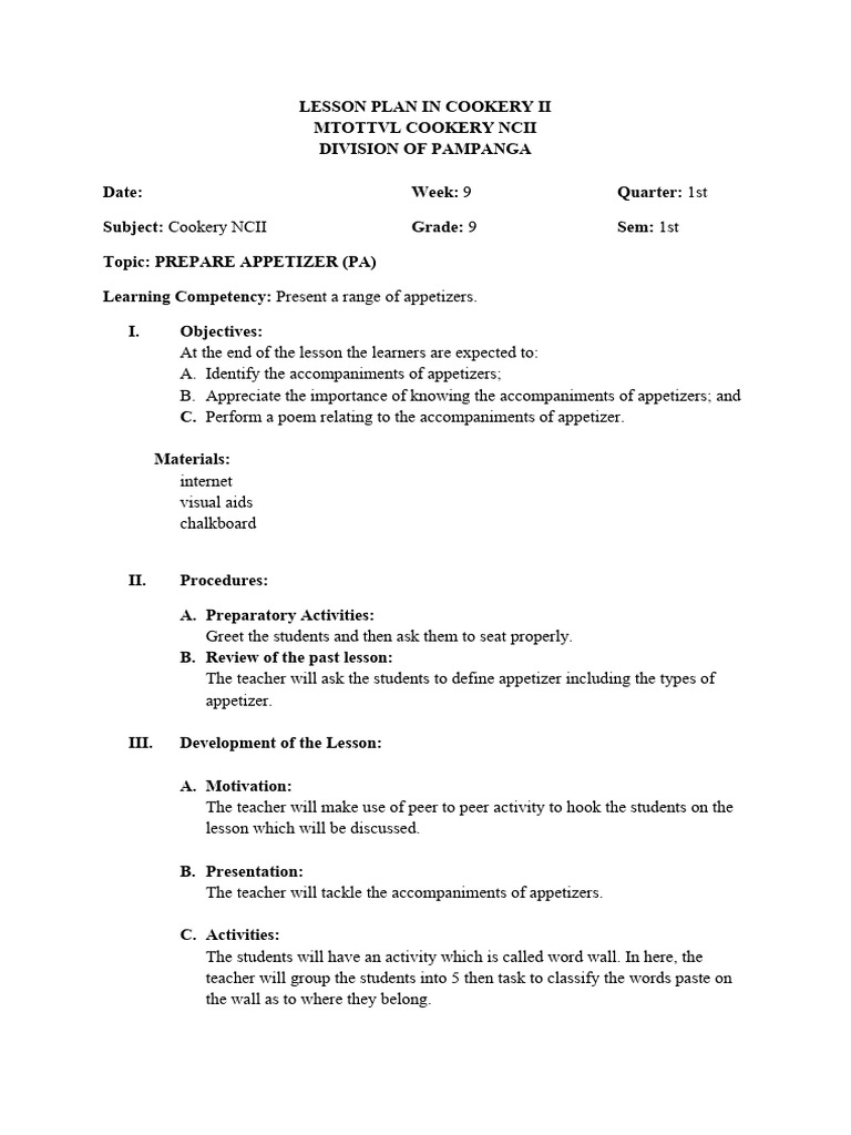 Grade 9 Cookery: Appetizers Lesson | PDF | Lesson Plan | Teachers