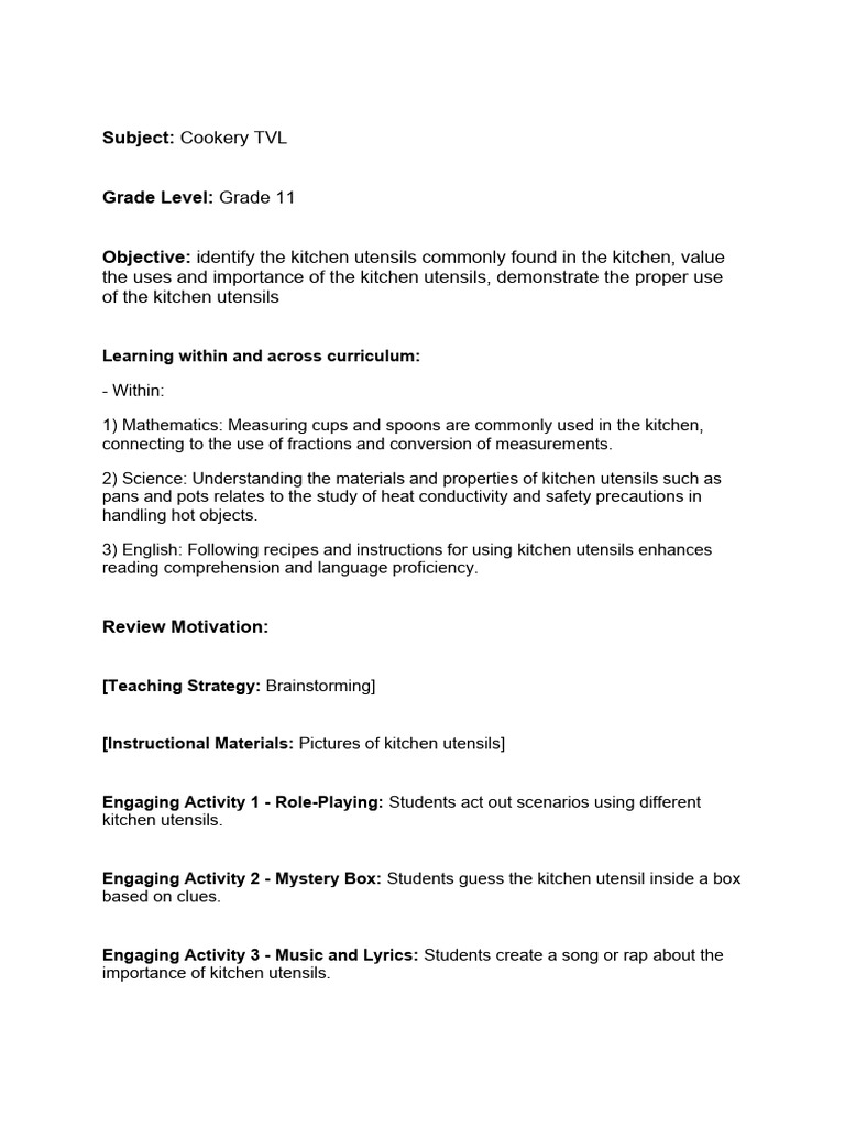 Lesson Plan | PDF | Kitchen Utensil | Kitchen