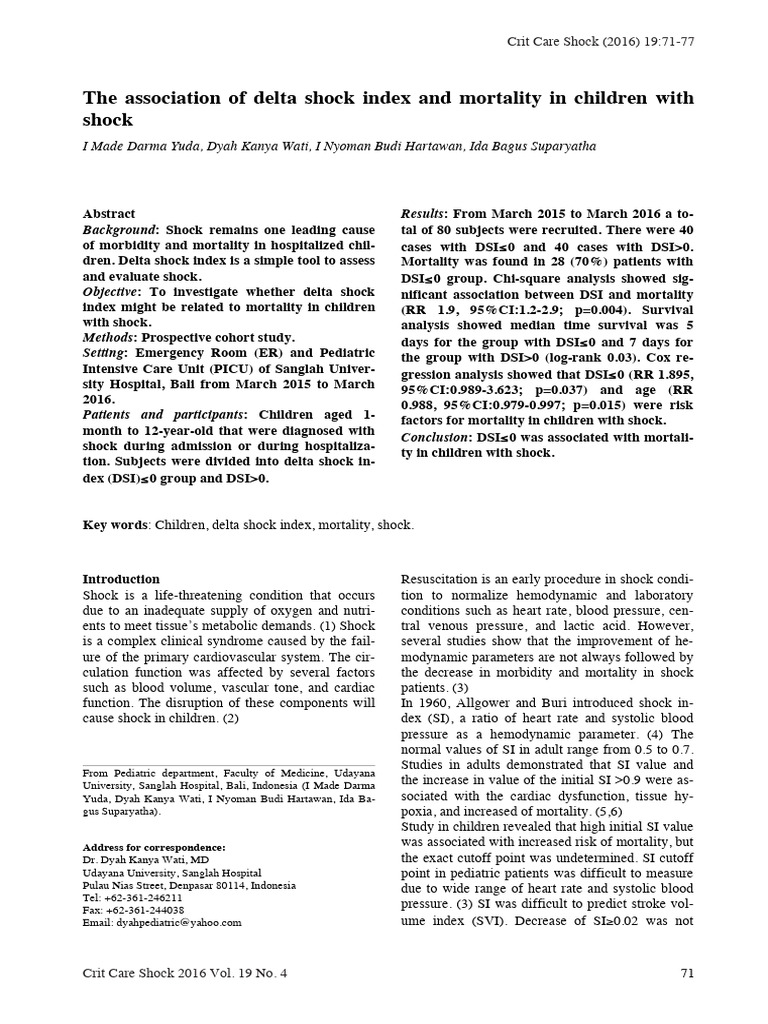 Delta Shock Index and Pediatric Mortality | PDF | Shock (Circulatory ...