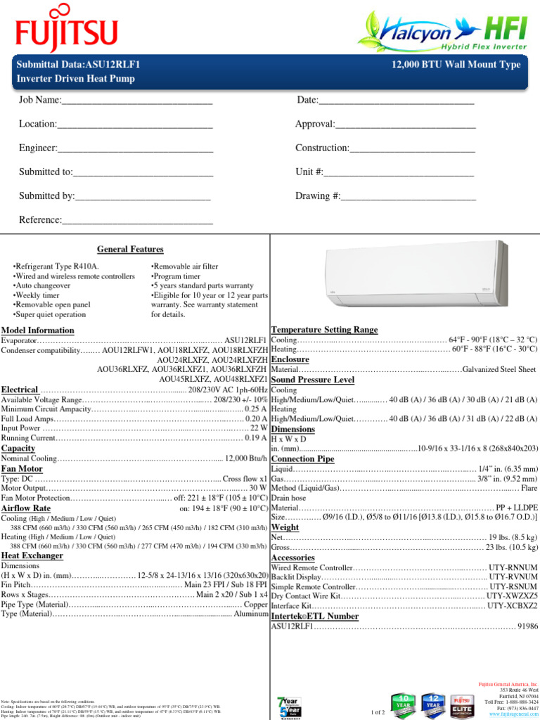 Fujitsu - ASU12RLF1 - Specification Sheet | PDF | Heat Pump ...