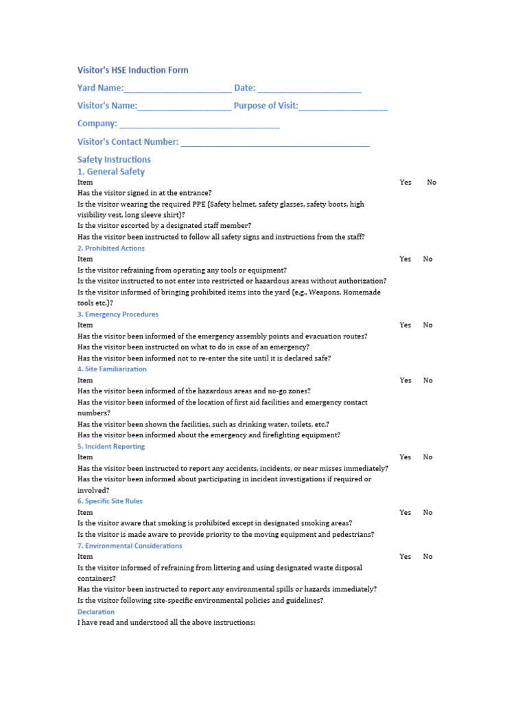 Visitor_HSE_Induction_Form_With_Categories | PDF | Emergency ...