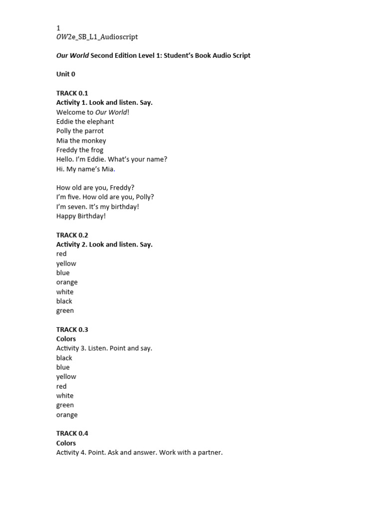 Our World Level 1 Audio Script | PDF | Clothing | Foods
