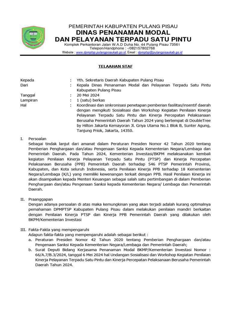 Telaahan Staf Penilaian Kinerja PTSP Dan PPB BKPM | PDF