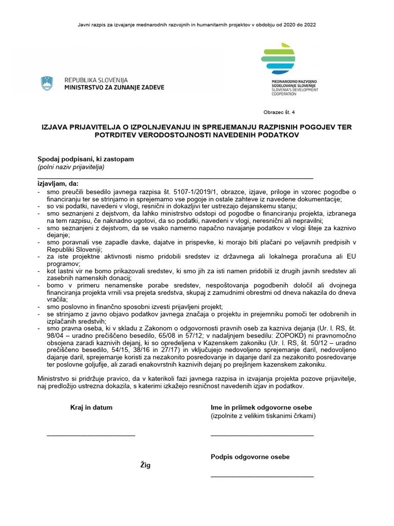 Obrazec St. 4 Izjava o Pogojih in Potrditev Verodostojnosti Podatkov | PDF