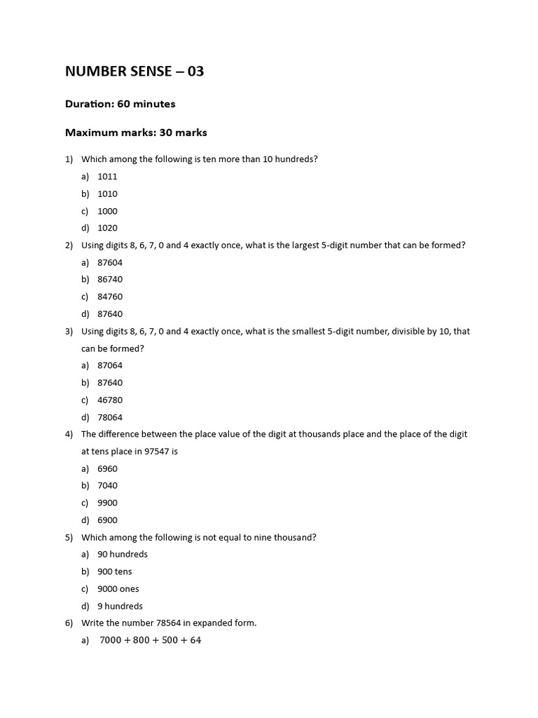 Number Sense - Test 03 | PDF