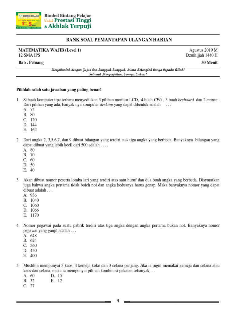 Bank Soal MATEMATIKA WAJIB - 12 SMA IPS - Bab. Peluang (LEVEL 1) (Layout) TA19-20.edited | PDF